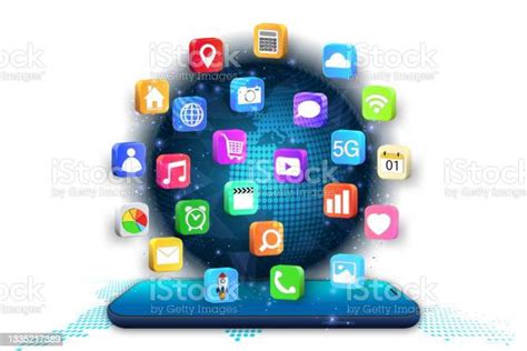 모바일 새로운 기술 및 통신 개념으로 흰색 배경에 격리 응용 프로그램 아이콘과 스마트 폰에 응용 프로그램 벡터 그림입니다 3차원 형태에 대한 스톡 벡터 아트 및 기타 이미지