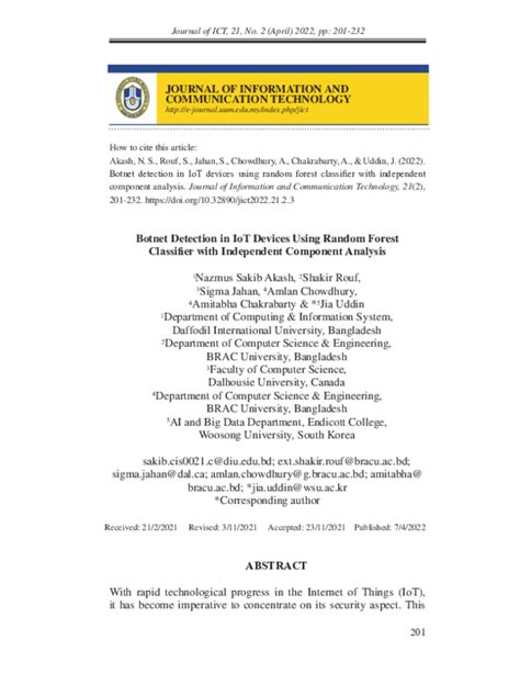Pdf Botnet Detection In Iot Devices Using Random Forest Classifier With Independent Component