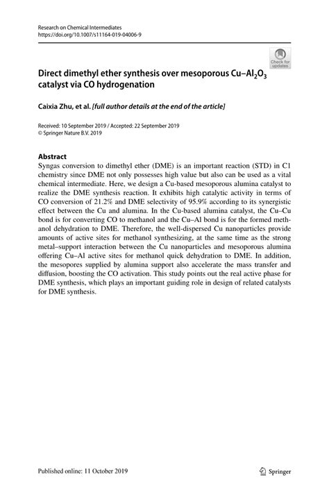 Pdf Direct Dimethyl Ether Synthesis Over Mesoporous Cual2o3 Catalyst