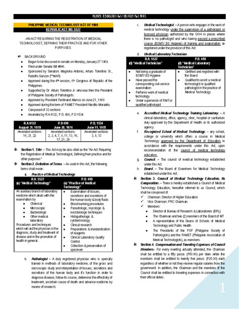 Mtl Prelim Notes Medtech Laws Philippine Medical Technology Act Of 1969 Republic Act No
