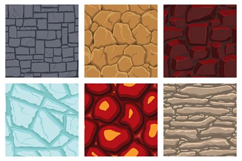 만화 게임 질감 용암 얼음 바위와 벽돌 흙과 땅 표면 원활한 패턴 게임 자산 벽 및 환경 배경 고적에 대한 스톡 벡터 아트 및