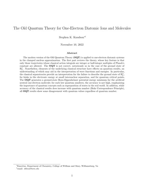 Pdf The Old Quantum Theory For One Electron Diatomic Ions And Molecule