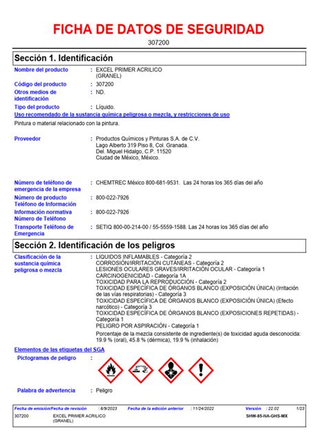 Ficha De Seguridad Excel Primer Acrílico Pdf Agua Residuos