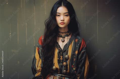 혼혈 동양인 소녀가 집시스타일의 옷을 입고 정면을 응시합니다 Stock Photo Adobe Stock