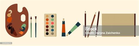 예술가의 도구 유화 팔레트 브러쉬 수채화 페인트 캔버스 일함에 대한 스톡 벡터 아트 및 기타 이미지 일함 학생 개인 장식품 Istock