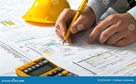 Engineer Reviewing Detailed Cost Benefit Analysis Report For Construction Project With Graphical
