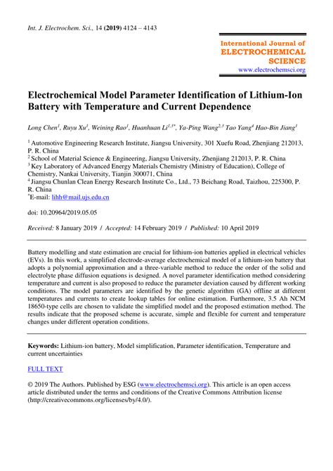 Pdf Electrochemical Model Parameter Identification Of Lithium Ion