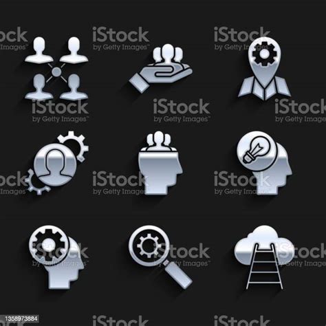 프로젝트 팀 베이스 돋보기 및 기어 구름으로 이어지는 사다리 램프 전구 내부 위치 작업 및 아이콘이있는 인간의 머리를 설정합니다 벡터 개념에 대한 스톡 벡터 아트 및 기타