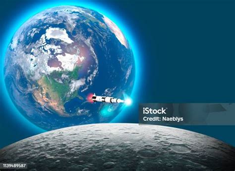 달에 토성 V 로켓 발사 달 착륙 50 주년 아폴로 미션 11 공간에서 지구와 달 3d 렌더링 Apollo 11 Space