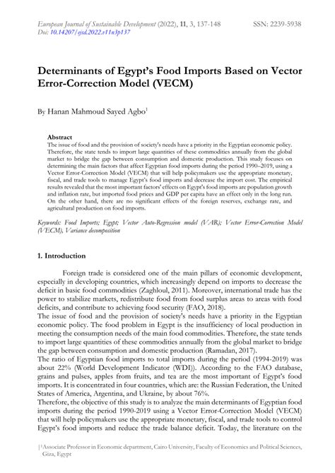Pdf Determinants Of Egypts Food Imports Based On Vector Error