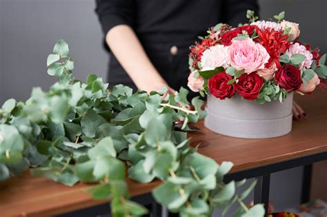 플로리스트 여성이 둥근 상자에 꽃꽂이를 만듭니다 혼합 꽃의 아름다운 꽃다발입니다 꽃 가게 컨셉 잘 생긴 신선한 무리입니다 꽃 배달 계절에 대한 스톡 사진 및 기타 이미지