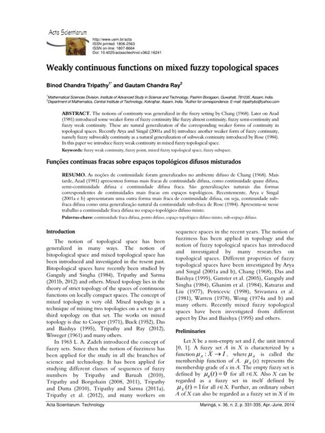 Pdf Weakly Continuous Functions On Mixed Fuzzy Topological Spaces