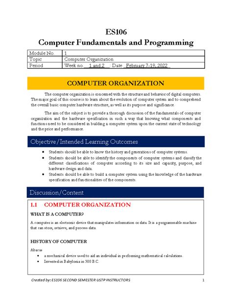 Es106 Cfp Module 1 Computer Organization Es Computer Fundamentals And Programming Module No