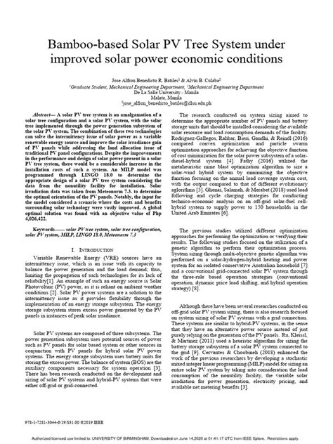 Bamboo Based Solar Pv Tree System Under Improved Solar Power Economic
