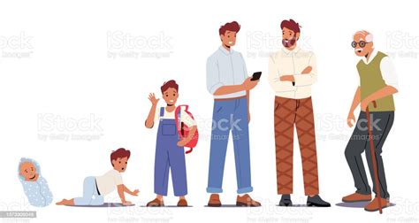 인간 연구의 단계 성장 개념 남성 캐릭터 수명 주기 성장 노화 과정 아기 유아 영 늙은 나이에 대한 스톡 벡터 아트 및 기타