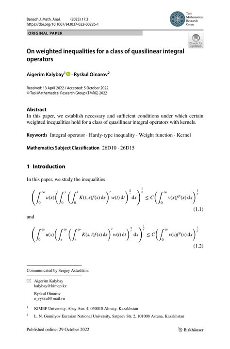 Pdf On Weighted Inequalities For A Class Of Quasilinear Integral Operators