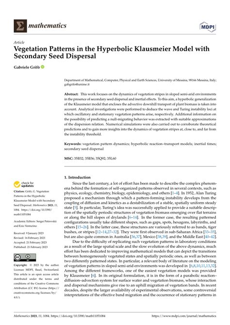 Pdf Vegetation Patterns In The Hyperbolic Klausmeier Model With Secondary Seed Dispersal
