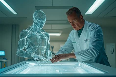 Futuristic Medical Facility with a Doctor Analyzing Holographic Data | Premium AI-generated image