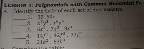 Solved Lesson 1 Polynomials With Common Monomial Fu A Identify The