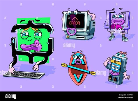 Programming Concept With 3d Cute Cartoon Characters Set Funny Avatars Of Computer With Error