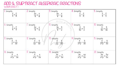 Adding And Subtracting Algebraic Fractions Worksheets Teaching Resources