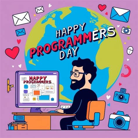 World Programmers Day Man At Desk With Computer Displaying The Globe