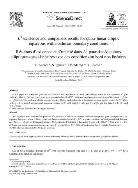 Pdf L 1 Existence And Uniqueness Results For Quasi Linear Elliptic Equations With