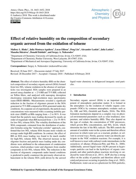 Pdf Effect Of Relative Humidity On The Composition Of Secondary