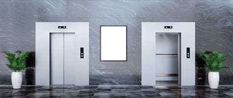 3d 일러스트레이션 모형 광고판과 두 개의 엘리베이터 광고에 유용합니다 파노라마 3d 렌더링 엘리베이터에 대한 스톡 사진 및 기타 이미지 Istock