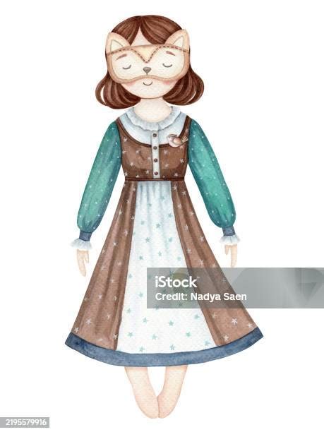 잠자는 소녀 나이트 드레스와 여우 수면 마스크 귀여운 아기 일러스트 만화 스타일 손으로 그린 수채화 어린이 친화적 인 캐릭터입니다 파자마 파티 템플릿과 어린아이 같은