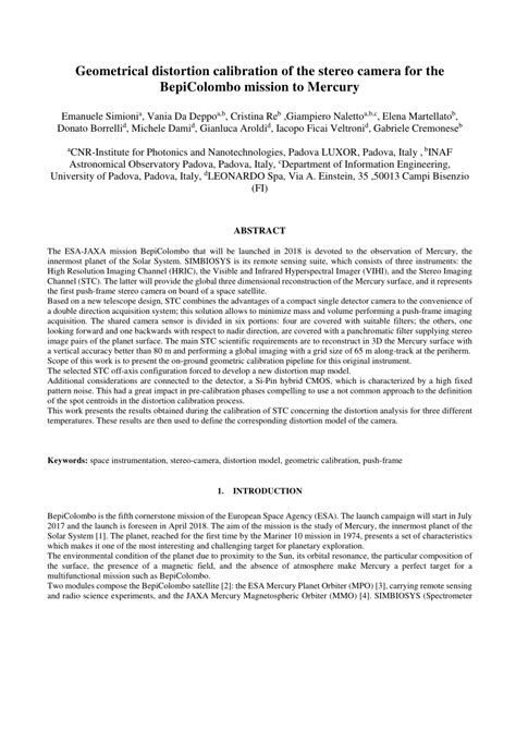 Pdf Geometrical Distortion Calibration Of The Stereo Camera For The Bepicolombo Mission To Mercury
