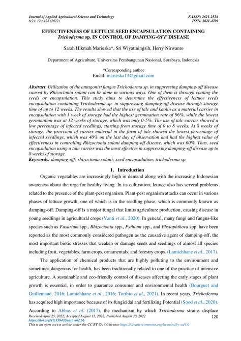 Pdf Effectiveness Of Lettuce Seed Encapsulation Containing Trichoderma Sp In Control Of
