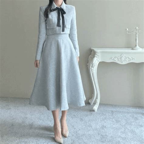 블랙당일 단품 세트가능휘가로 트위드 리본 도톰 카라 크롭 숏 자켓 플레어 A라인 롱스커트 세트 가을 겨울 올드머니 투피스2color 에이블리