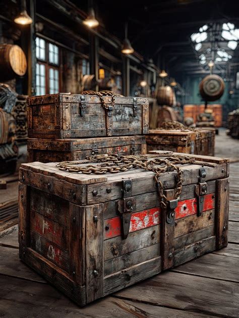 Several Rustic Wooden Crates With Metal Clasps Are Stacked In An