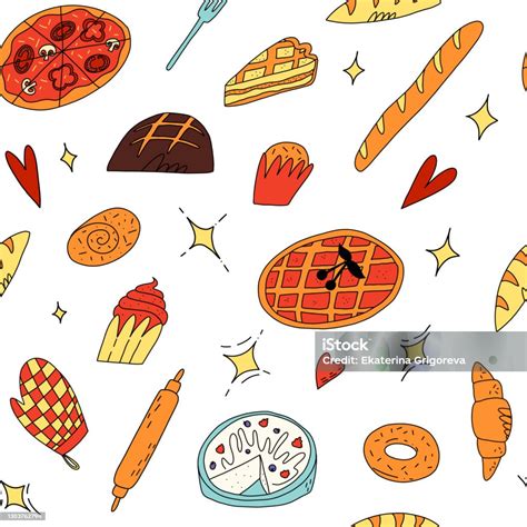 다양한 전통 미국 스페인어 독일어 이탈리아어 및 기타 빵집과 과자 와 귀여운 낙서 원활한 패턴 포장지 직물 직물 인쇄 및 기타 벡터 절연 일러스트레이션 건강에 좋지 않은