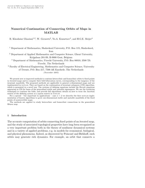 Pdf Numerical Continuation Of Connecting Orbits Of Maps In Matlab