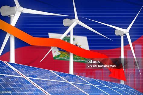 아이티 태양과 바람 에너지를 낮추는 차트 아래로 화살표현대 자연 에너지 산업 그림 3d 일러스트레이션 0명에 대한 스톡 사진 및