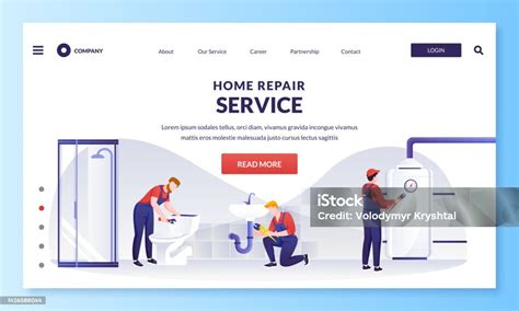 노동자들은 집 고정 작업을합니다 배관공은 화장실 탱크 싱크대 배관 파이프 온수기를 수리합니다 벡터 일러스트 레이 션 연관공에 대한 스톡 벡터 아트 및 기타 이미지 Istock