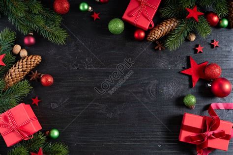 빨간색 선물 상자가 있는 크리스마스 플랫 레이 장면 사진