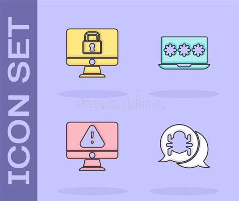 Set System Bug Lock On Monitor Monitor With Exclamation Mark And Laptop Password Icon Vector