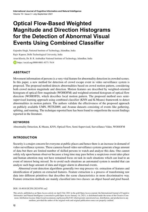 Pdf Optical Flow Based Weighted Magnitude And Direction Histograms For The Detection Of