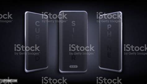 현대 미래 지향적 인 실버 얇은 프레임 폭포 화면 스마트 폰은 다른 각도로 모의 곡선 가장자리는 어두운 배경에 격리 된 장치를 표시합니다 3차원 형태에 대한 스톡 벡터 아트