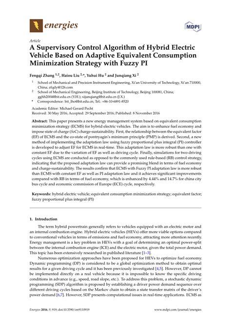 Pdf A Supervisory Control Algorithm Of Hybrid Electric Vehicle Based On Adaptive Equivalent