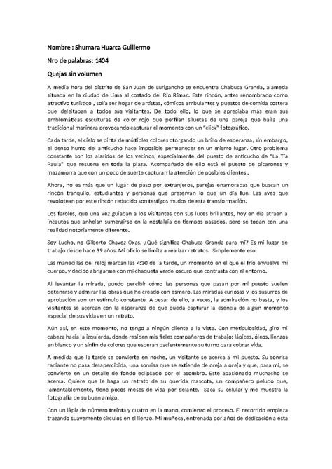 Tb4 Nombre Shumara Huarca Guillermo Nro De Palabras 1404 Quejas Sin Volumen A Media Hora