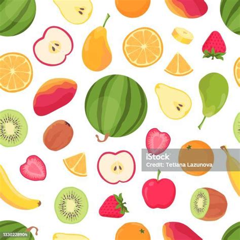 과일 원활한 패턴 열대 감귤류과 베리 바나나 오렌지 수박 망고 딸기 여름 열대 식품 벡터 프린트 감귤류 과일에 대한 스톡 벡터 아트 및 기타 이미지 Istock