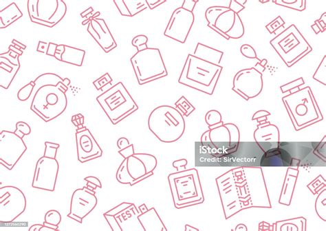 라인 아이콘이 있는 향수 병의 매끄러운 패턴 벡터 배경 일러스트는 유리 분무기로 아이콘을 포함 고급 Parfum 샘플러 에센셜 오일 화장품 상점쾰른 핑크 화이트 벽지 0명에