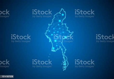 추상 매 시 라인과 포인트 가늠 자 미얀마의 지도와 어두운 배경에 와이어 프레임 3d 메쉬 다각형 네트워크 라인 디자인 영역 점