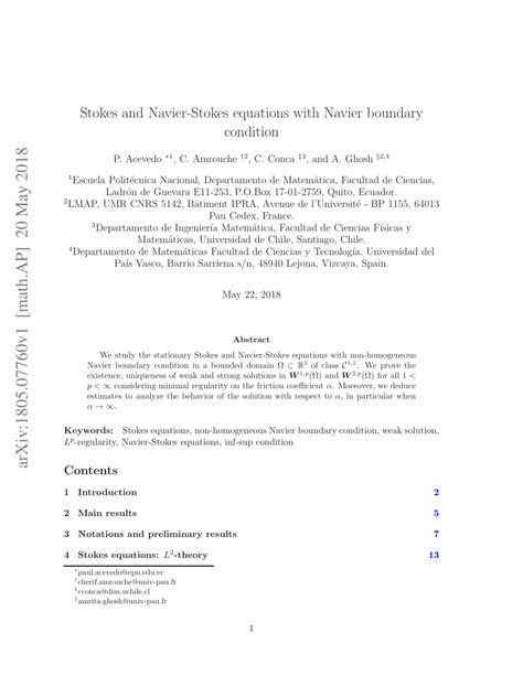 Pdf Stokes And Navier Stokes Equations With Navier Boundary Condition