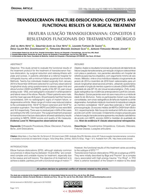 Pdf Transolecranon Fracture Dislocation Concepts And Functional Results Of Surgical Treatment