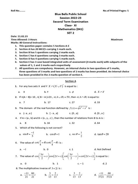 Class Xi Bbps Annual Maths Set 2 Pdf Standard Deviation Function Mathematics